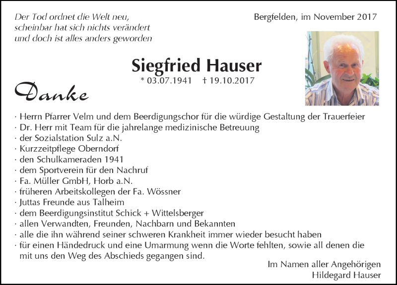 Traueranzeigen von Siegfried Hauser | Schwarzwälder Bote Trauer