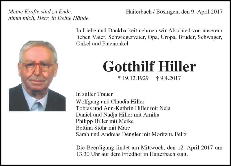 Traueranzeigen von Gotthilf Hiller | Schwarzwälder Bote Trauer