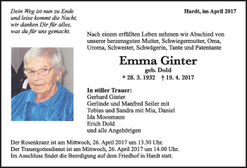 Traueranzeigen von Emma Ginter | Schwarzwälder Bote Trauer