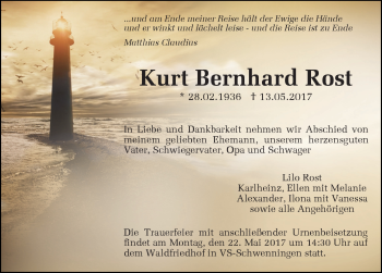 Traueranzeigen von Kurt Bernhard Rost | Schwarzwälder Bote Trauer