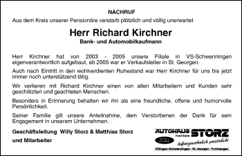 Traueranzeigen von Richard Kirchner | Schwarzwälder Bote Trauer