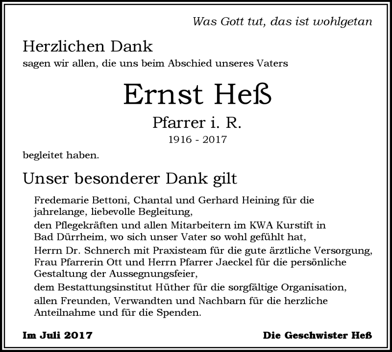 Traueranzeigen von Ernst Heß | Schwarzwälder Bote Trauer