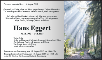Traueranzeigen von Hans Eggert | Schwarzwälder Bote Trauer