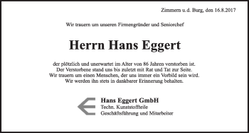 Traueranzeigen von Hans Eggert | Schwarzwälder Bote Trauer