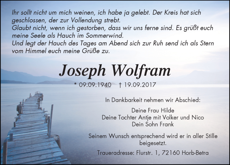 Traueranzeigen von Joseph Wolfram | Schwarzwälder Bote Trauer