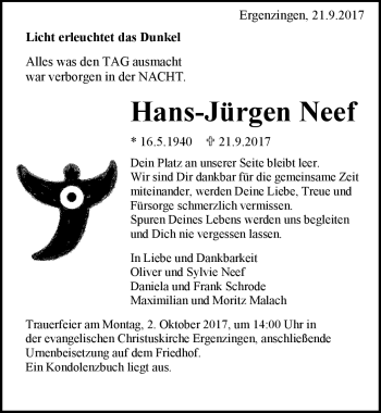 Traueranzeigen von Hans-Jürgen Neef | Schwarzwälder Bote Trauer