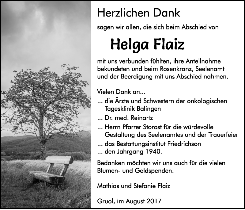 Traueranzeigen von Helga Flaiz | Schwarzwälder Bote Trauer