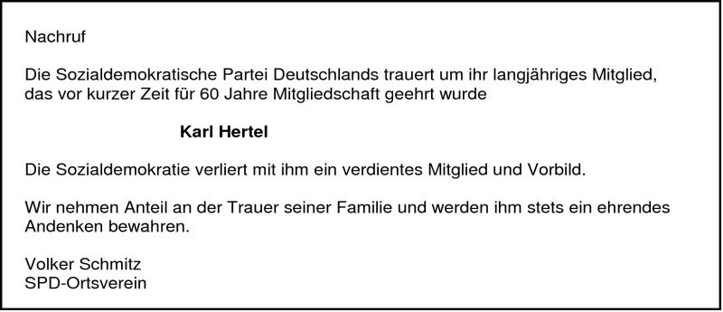Traueranzeigen von Karl Hertel | Schwarzwälder Bote Trauer