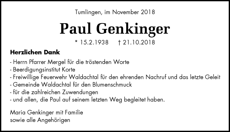 Traueranzeigen von Paul Genkinger | Schwarzwälder Bote Trauer