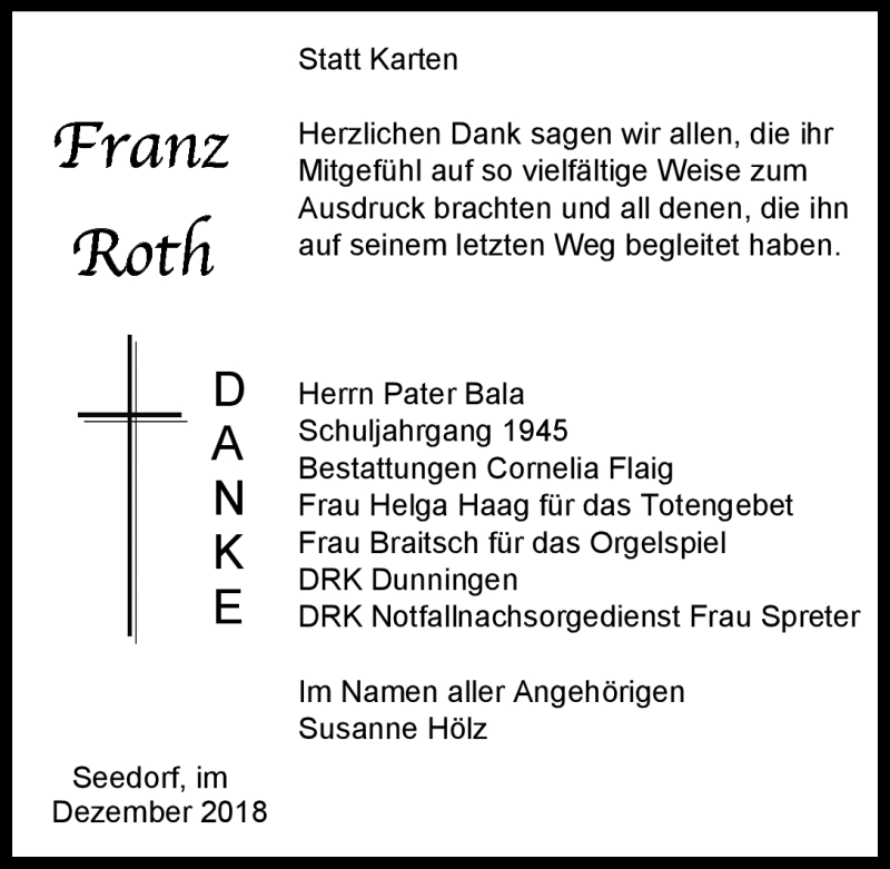 Traueranzeigen von Franz Roth | Schwarzwälder Bote Trauer