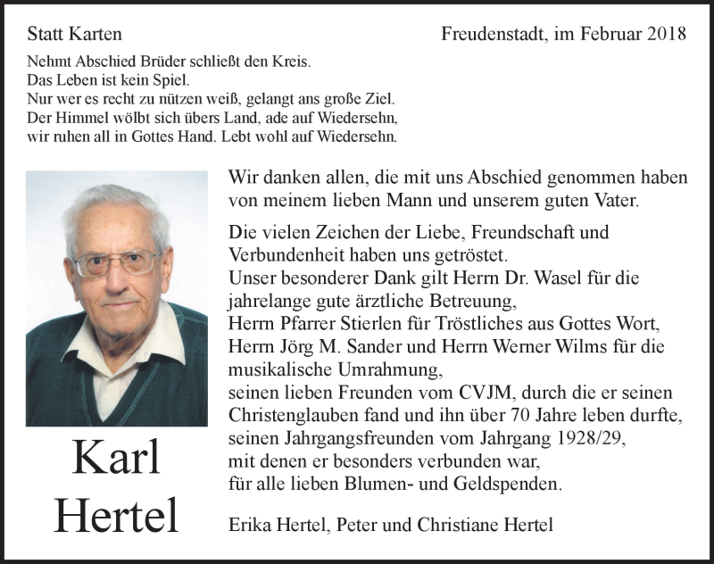 Traueranzeigen von Karl Hertel | Schwarzwälder Bote Trauer