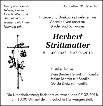 Traueranzeigen von Herbert Strittmatter | Schwarzwälder Bote Trauer