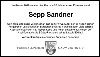 Traueranzeigen von Sepp Sander | Schwarzwälder Bote Trauer