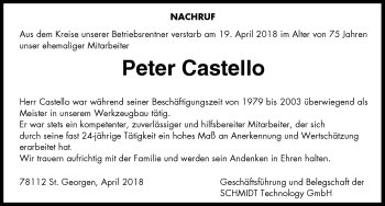 Traueranzeigen von Peter Castello | Schwarzwälder Bote Trauer