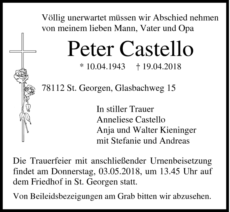 Traueranzeigen von Peter Castello | Schwarzwälder Bote Trauer