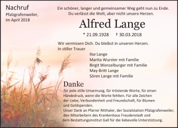 Traueranzeigen von Alfred Lange | Schwarzwälder Bote Trauer