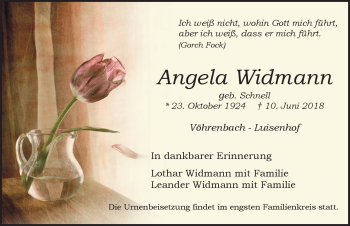 Traueranzeigen von Angela Widmann | Schwarzwälder Bote Trauer