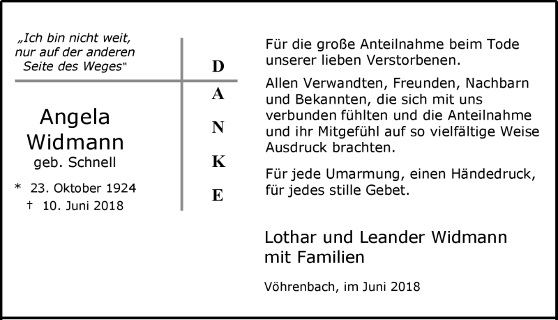 Traueranzeigen von Angela Widmann | Schwarzwälder Bote Trauer