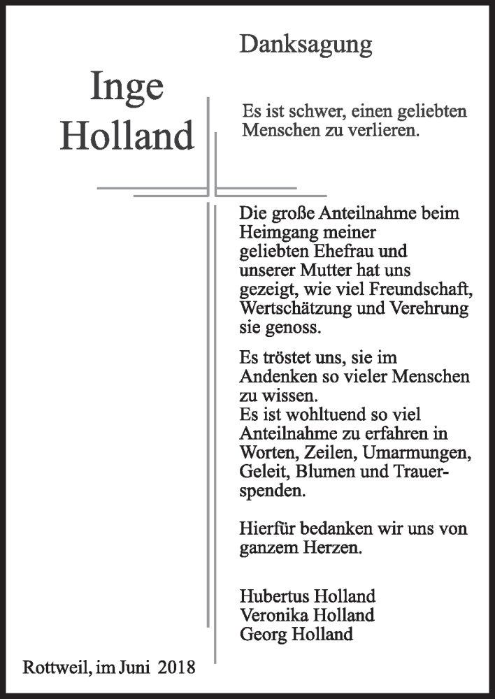 Traueranzeigen von Inge Holland | Schwarzwälder Bote Trauer