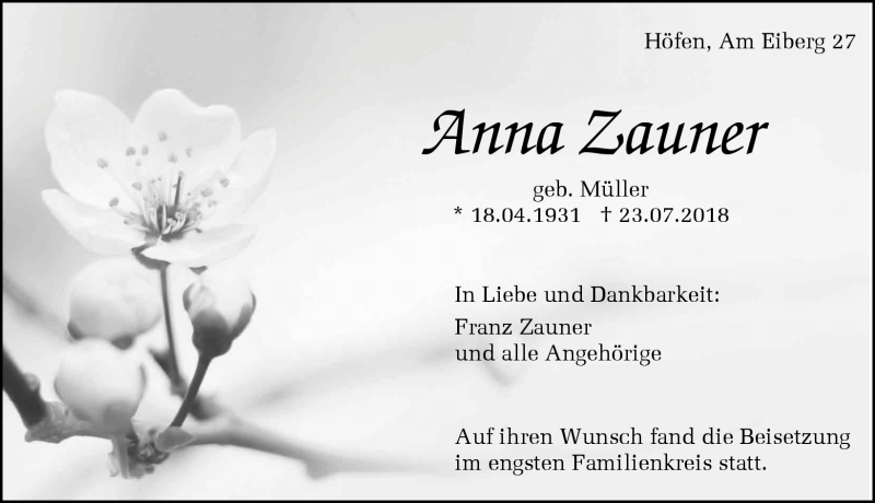 Traueranzeigen von Anna Zauner | Schwarzwälder Bote Trauer