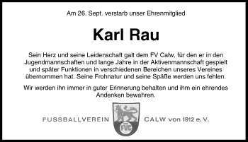 Traueranzeigen von Karl Rau | Schwarzwälder Bote Trauer