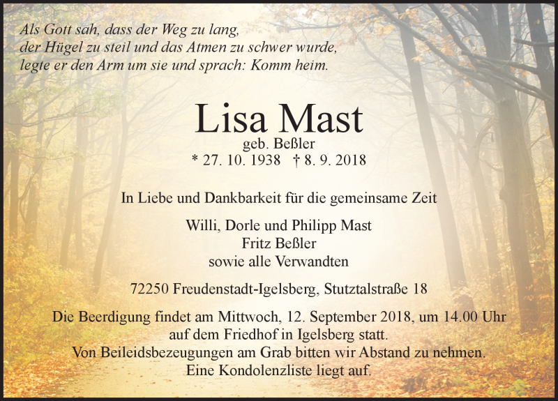 Traueranzeigen von Lisa Mast | Schwarzwälder Bote Trauer