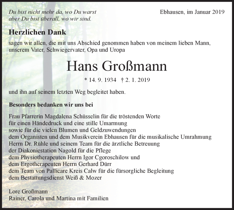 Traueranzeigen von Hans Großmann | Schwarzwälder Bote Trauer