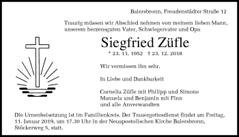 Traueranzeigen von Siegried Züfle | Schwarzwälder Bote Trauer