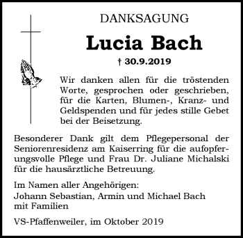 Traueranzeigen von Lucia Bach | Schwarzwälder Bote Trauer