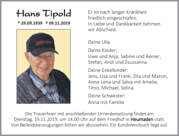 Traueranzeigen von Hans Tipold | Schwarzwälder Bote Trauer