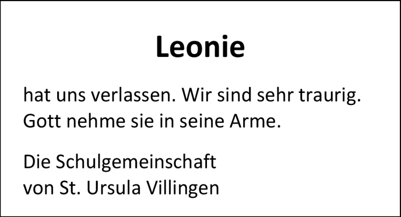 Traueranzeigen von Leonie | Schwarzwälder Bote Trauer