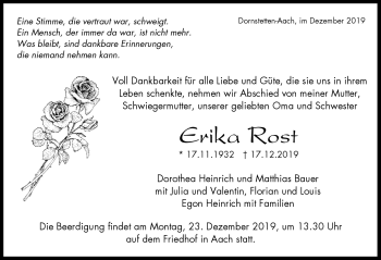 Traueranzeigen von Erika Rost | Schwarzwälder Bote Trauer