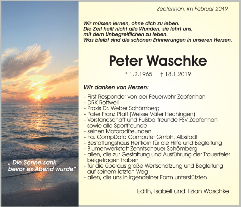 Traueranzeigen von Peter Waschke | Schwarzwälder Bote Trauer