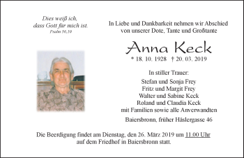 Traueranzeigen von Anna Keck | Schwarzwälder Bote Trauer
