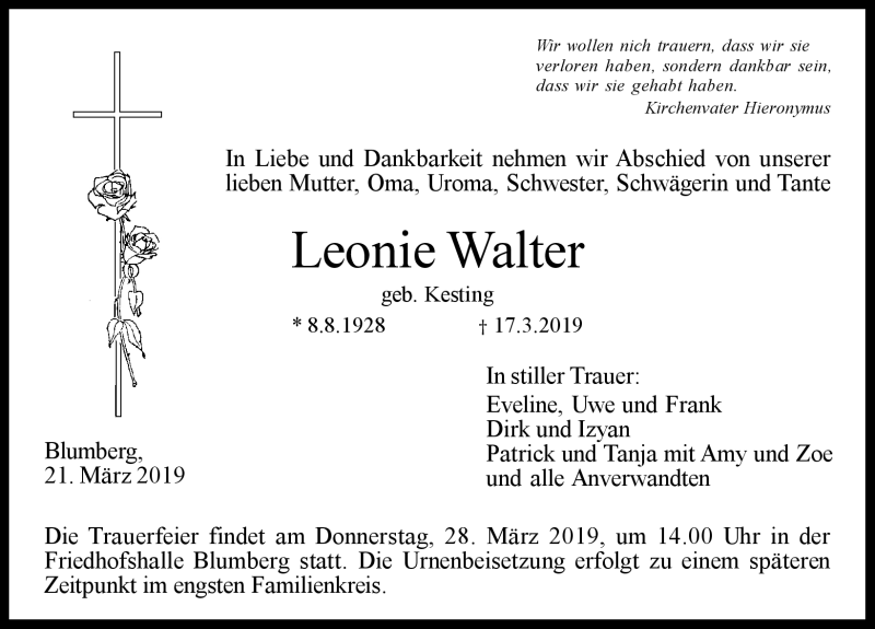 Traueranzeigen von Leonie Walter | Schwarzwälder Bote Trauer