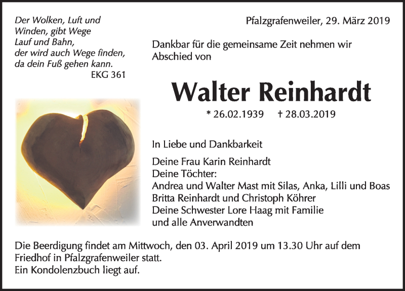 Traueranzeigen von Walter Reinhardt | Schwarzwälder Bote Trauer