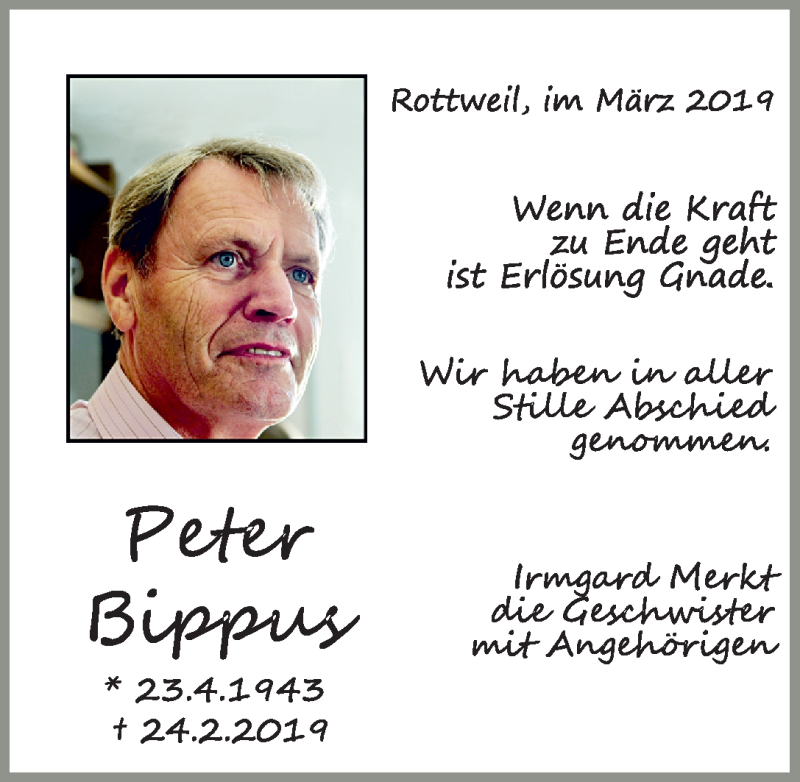 Traueranzeigen von Peter Bippus | Schwarzwälder Bote Trauer