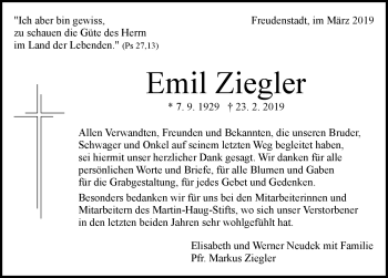 Traueranzeigen von Emil Ziegler | Schwarzwälder Bote Trauer