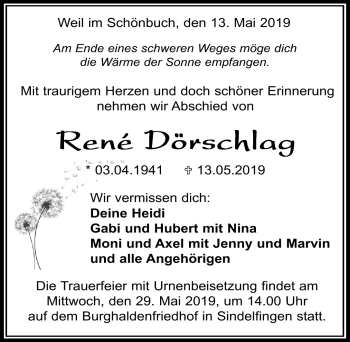 Traueranzeigen von René Dörschlag | Schwarzwälder Bote Trauer