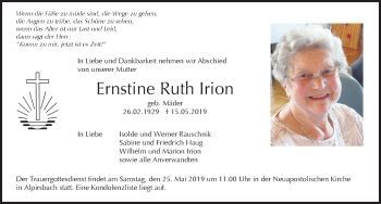 Traueranzeigen von Ernestine Ruth Iron | Schwarzwälder Bote Trauer