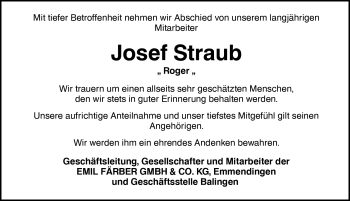 Traueranzeigen von Josef "Roger" Straub | Schwarzwälder Bote Trauer