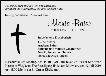 Traueranzeigen von Maria Baier | Schwarzwälder Bote Trauer