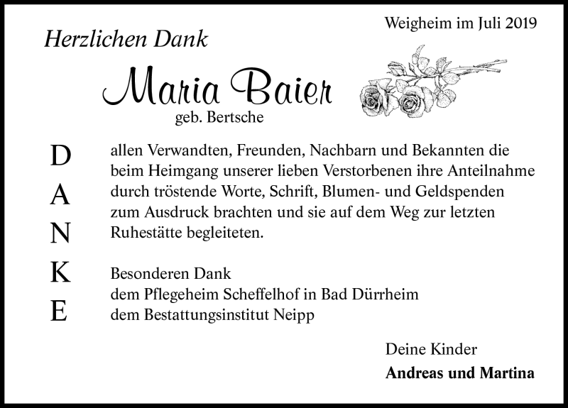 Traueranzeigen von Maria Baier | Schwarzwälder Bote Trauer