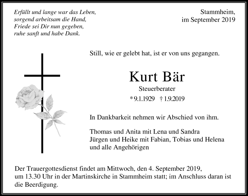 Traueranzeigen von Kurt Bär | Schwarzwälder Bote Trauer