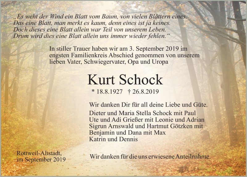 Traueranzeigen von Kurt Schock | Schwarzwälder Bote Trauer