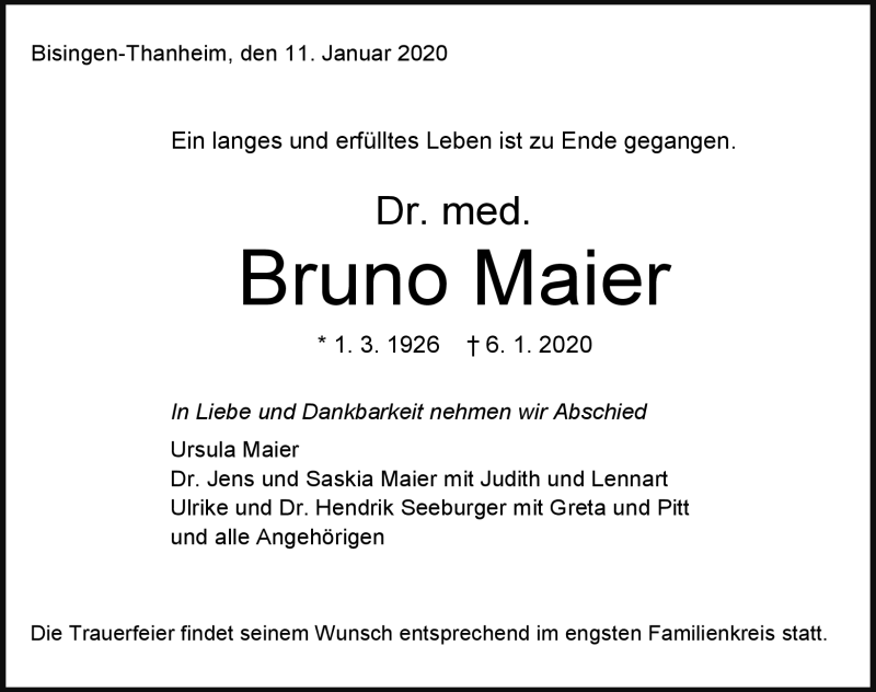 Traueranzeigen von Bruno Maier | Schwarzwälder Bote Trauer