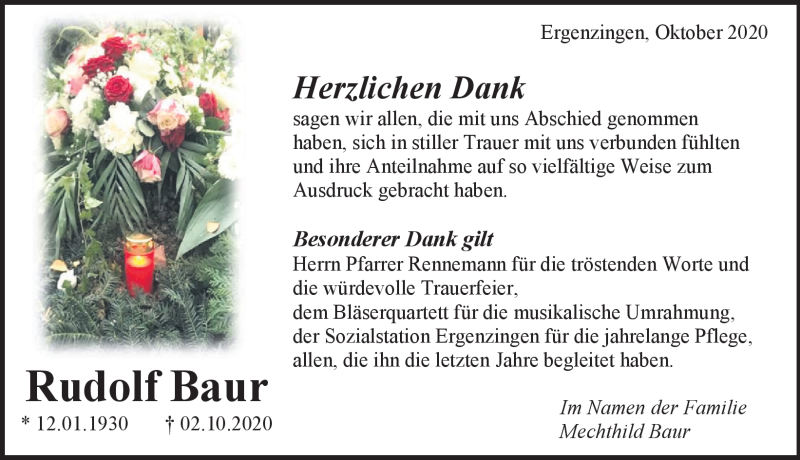 Traueranzeigen von Rudolf Baur | Schwarzwälder Bote Trauer