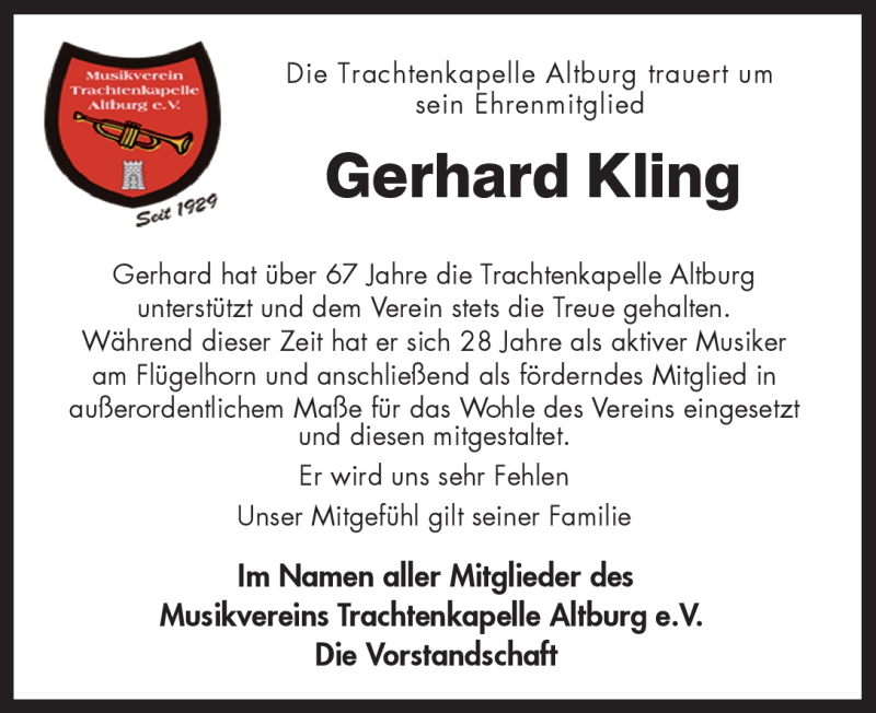 Traueranzeigen von Gerhard Kling | Schwarzwälder Bote Trauer