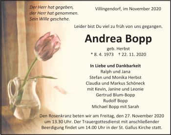 Traueranzeigen von Andrea Bopp | Schwarzwälder Bote Trauer
