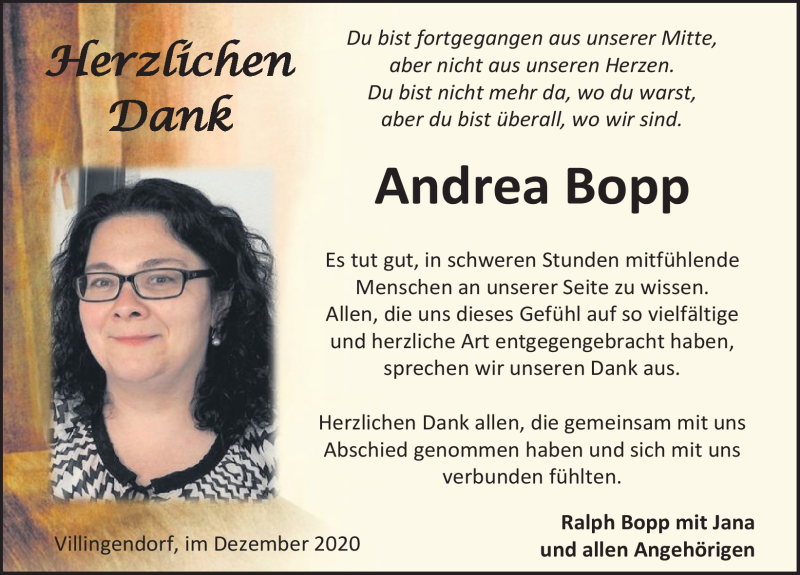 Traueranzeigen von Andrea Bopp | Schwarzwälder Bote Trauer